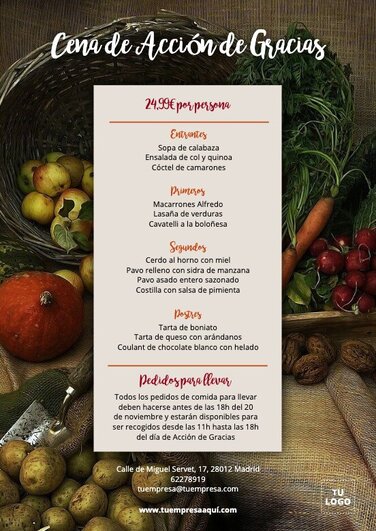 Plantillas de menú de Acción de Gracias personalizables gratis