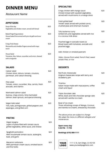 Free printable dinner menu templates