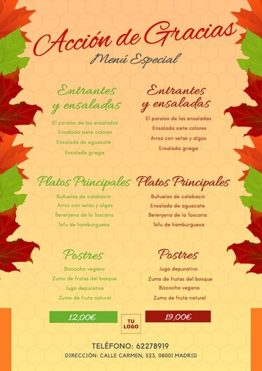 Plantillas de menú de Acción de Gracias personalizables gratis