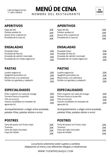 Edita plantillas para Menús de Cena online