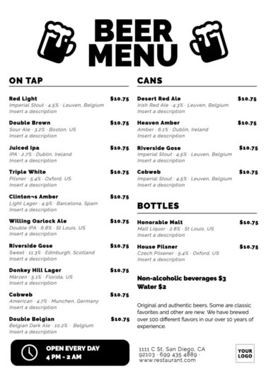 Customizable beer menu templates for restaurants