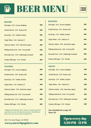 Modèles pour une carte des boissons