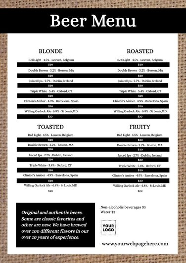 Customizable beer menu templates for restaurants