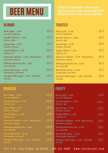 Customizable beer menu templates for restaurants