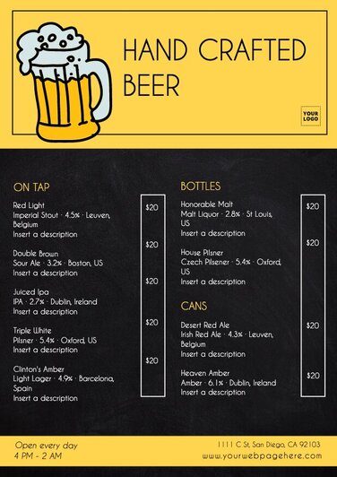 Customizable beer menu templates for restaurants