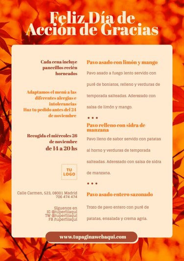 Plantillas de menú de Acción de Gracias personalizables gratis