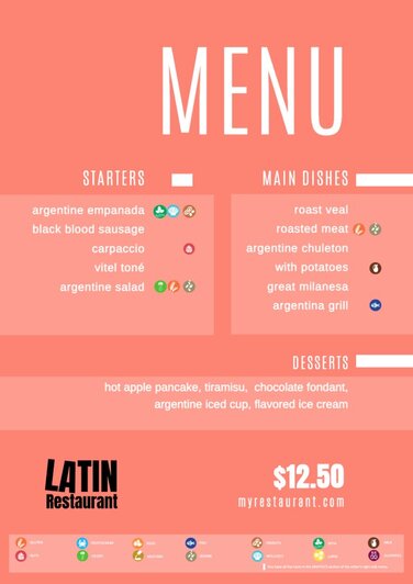 Templates of menus with allergens online editor
