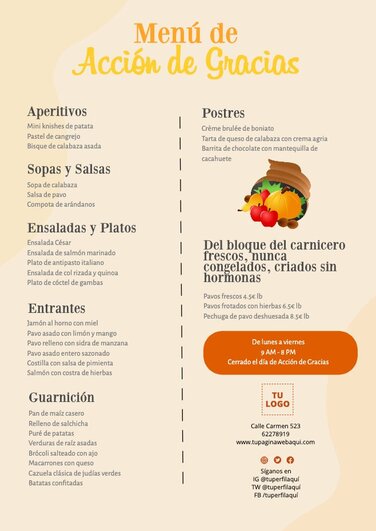 Plantillas de menú de Acción de Gracias personalizables gratis