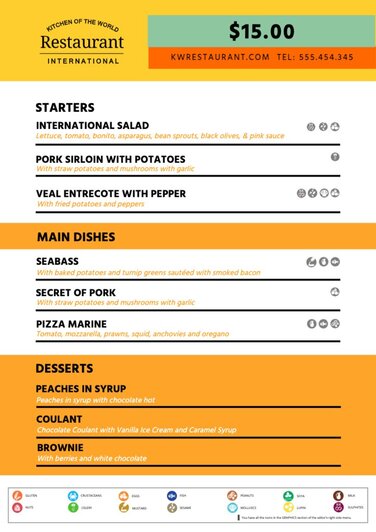 Templates of menus with allergens online editor