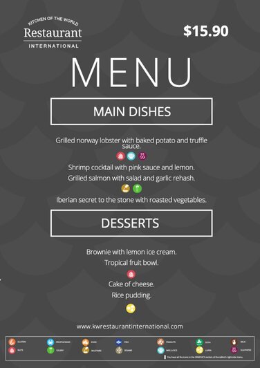 Templates of menus with allergens online editor