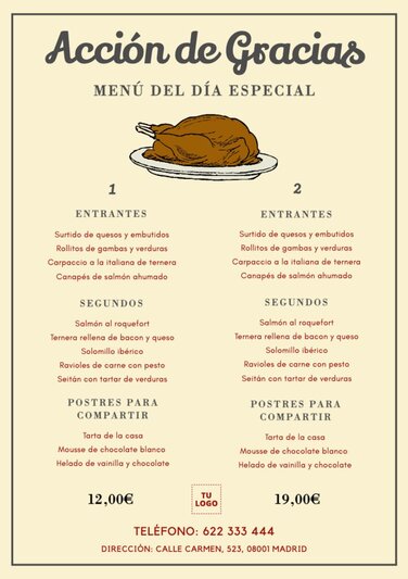 Plantillas de menú de Acción de Gracias personalizables gratis
