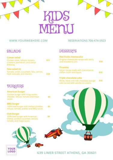 Kids menu templates for cafes and restaurants