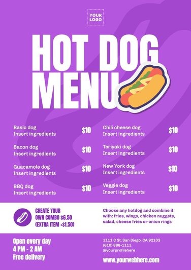 Customizable hot dog menu templates for restaurants