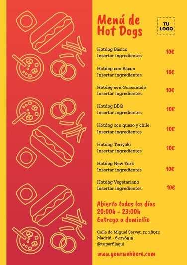 Crea un menú de Hot Dogs para restaurantes gratis
