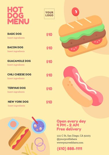 Customizable hot dog menu templates for restaurants