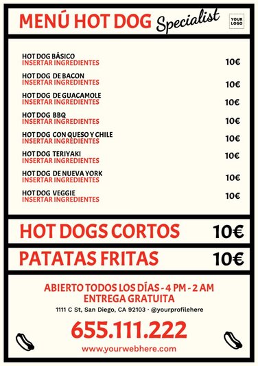 Crea un menú de Hot Dogs para restaurantes gratis