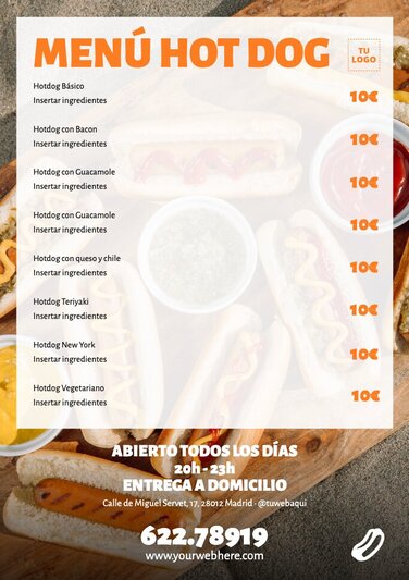 Crea un menú de Hot Dogs para restaurantes gratis