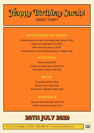 Online customizable birthday menu templates