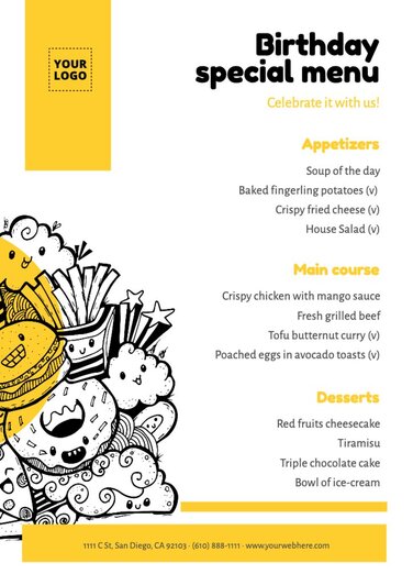 Online customizable birthday menu templates