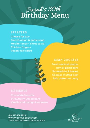 Online customizable birthday menu templates