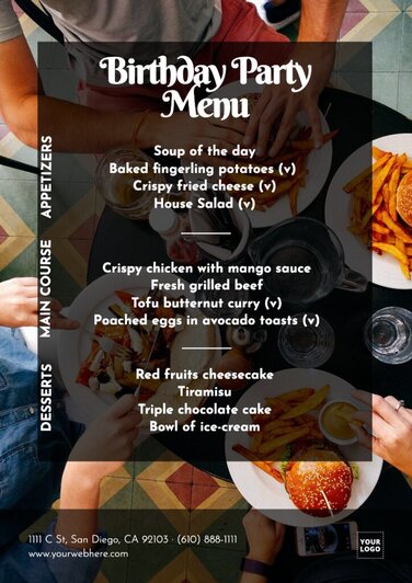 Online customizable birthday menu templates