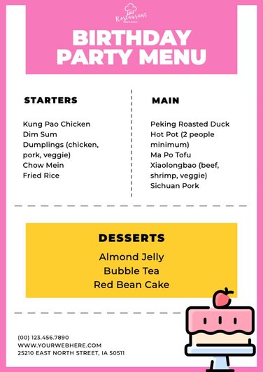 Online customizable birthday menu templates