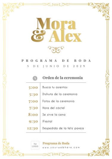 Plantillas de programa de boda editables gratis