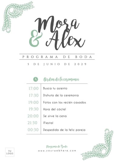 Plantillas de programa de boda editables gratis