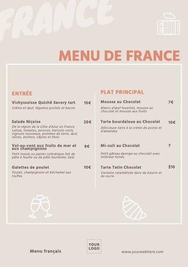 Modèles de menus de restaurants français