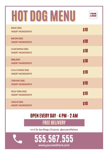 Customizable hot dog menu templates for restaurants