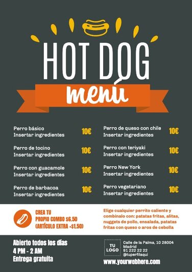 Crea un menú de Hot Dogs para restaurantes gratis
