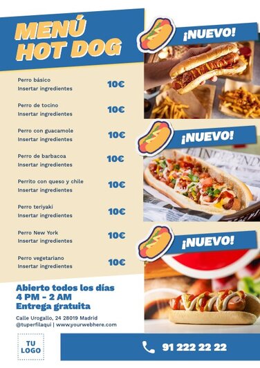 Crea un menú de Hot Dogs para restaurantes gratis