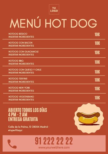Crea un menú de Hot Dogs para restaurantes gratis