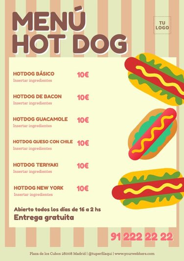 Crea un menú de Hot Dogs para restaurantes gratis