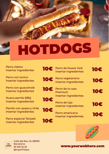 Crea gratis un menú de hot dogs para restaurantes
