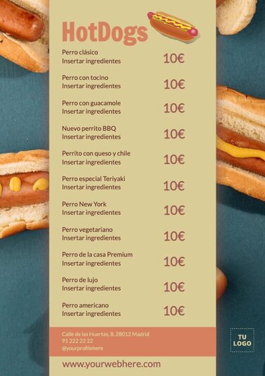 Crea un menú de Hot Dogs para restaurantes gratis