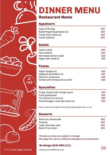 Kostenlose, druckbare Vorlagen für Speisekarten