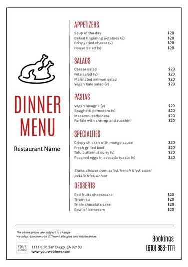 Free printable Dinner Menu templates