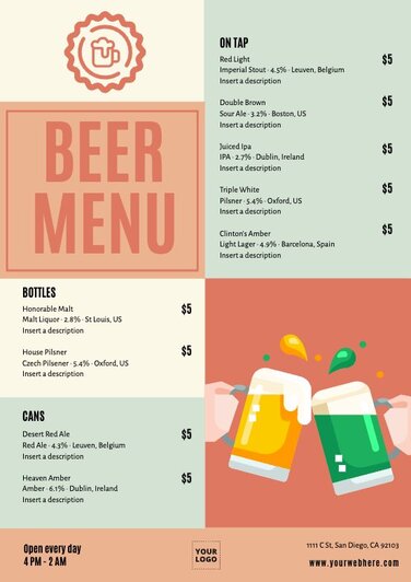 Templates for a drink menu