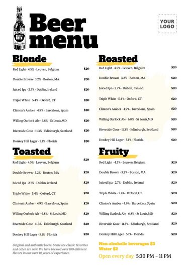 Customizable beer menu templates for restaurants