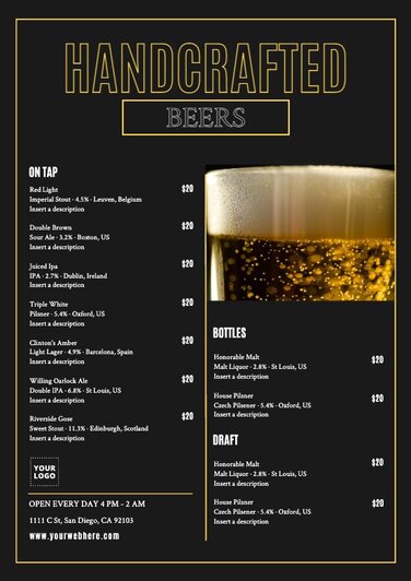 Customizable beer menu templates for restaurants