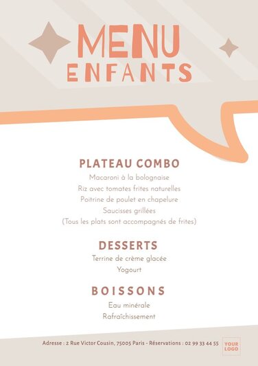 Modèles de menus pour enfants pour les cafés et les restaurants