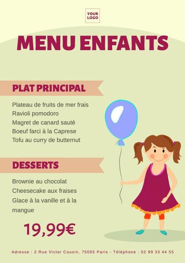 Modèles de menus pour enfants pour les cafés et les restaurants