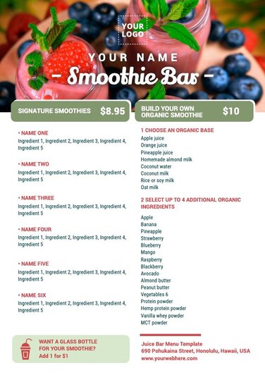 Design Juice Bar Menu Templates Online