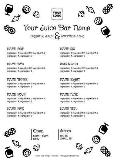 Design Juice Bar Menu Templates Online