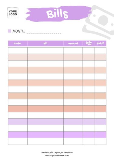 Free Monthly Bills Organizer Templates