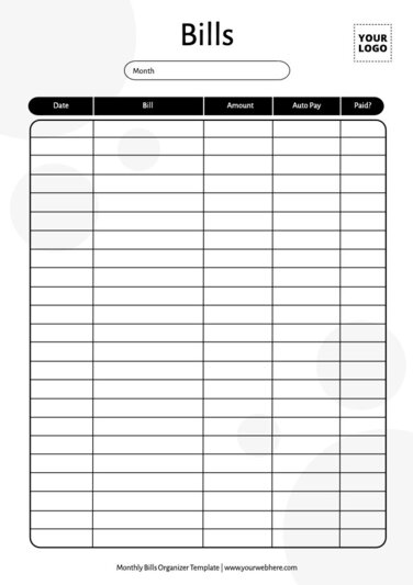 Free Monthly Bills Organizer Templates