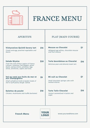 Modèles de menus de restaurants français