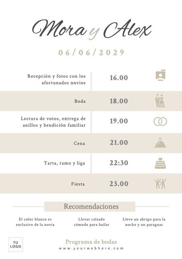 Plantillas de programa de boda editables gratis