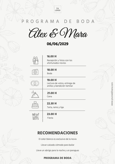 Plantillas de programa de boda editables gratis